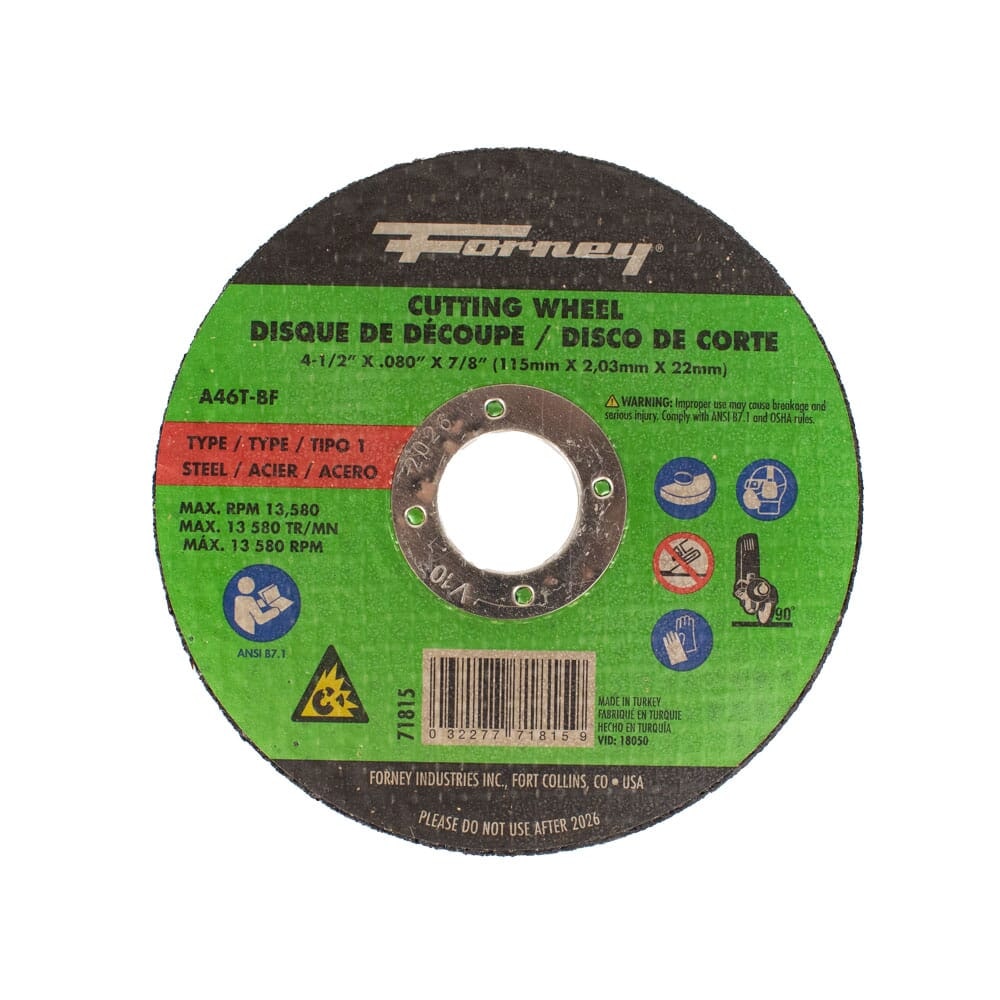 Cut-Off Wheel, Metal, Type 1 (Flat), 4-1/2 in x .045 in x 7/8 in