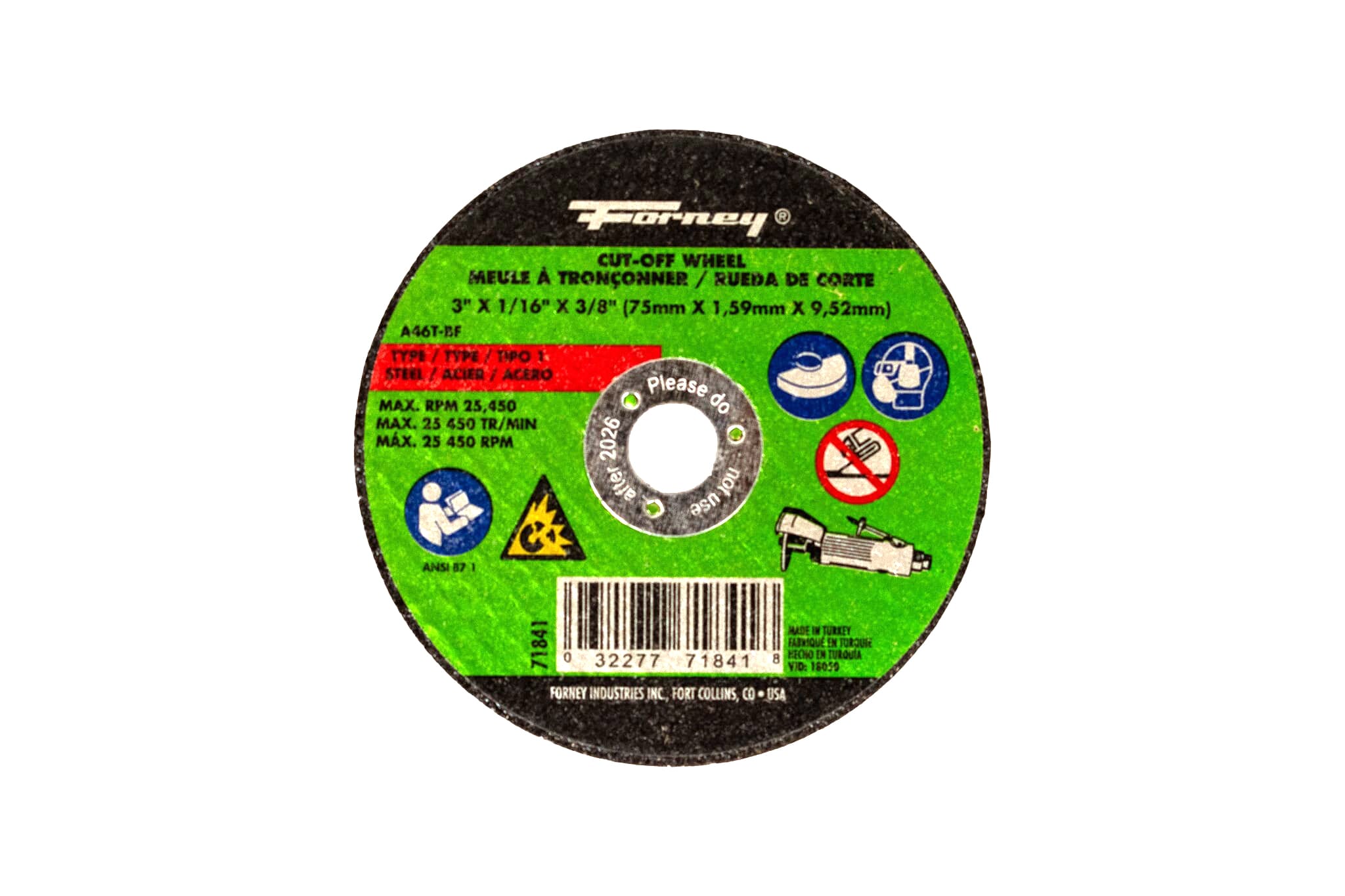 Cut-Off Wheel, Metal, Type 1 (Flat), 3 in x 1/16 in x 3/8 in