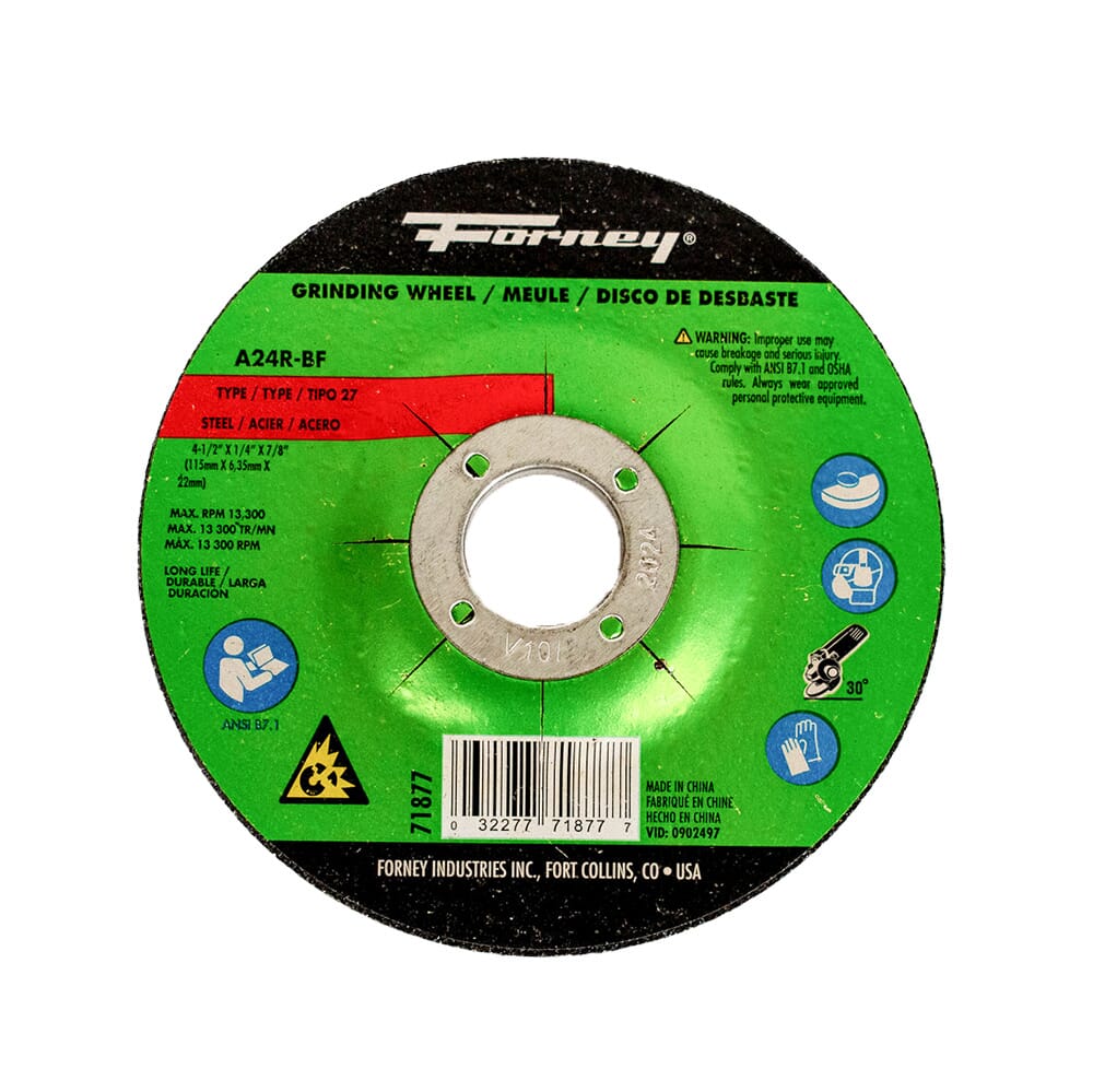 Grinding Wheel, Metal, Type 27 (Depressed Center), 4-1/2 in x 1/4 in x ...